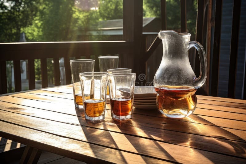Table with Water Pitcher and Glasses on a Sunlit Deck Stock ...