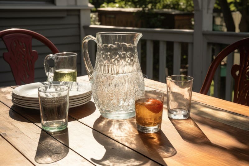 Table with Water Pitcher and Glasses on a Sunlit Deck Stock ...