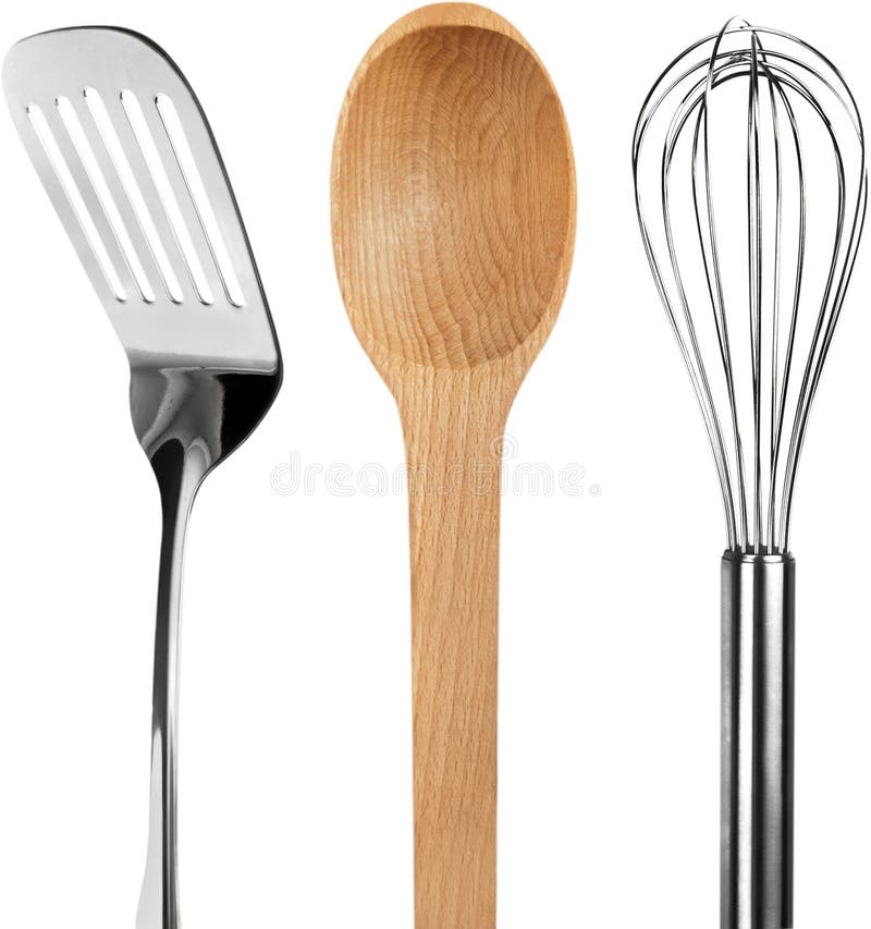 Spatula With Wooden Spoon And Wire Whisk - Stock Photo - Image of ...
