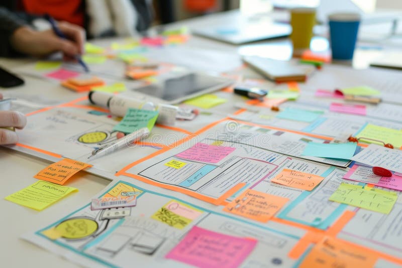 A Table with a White Board Covered in Colorful Sticky Notes Stock Photo ...