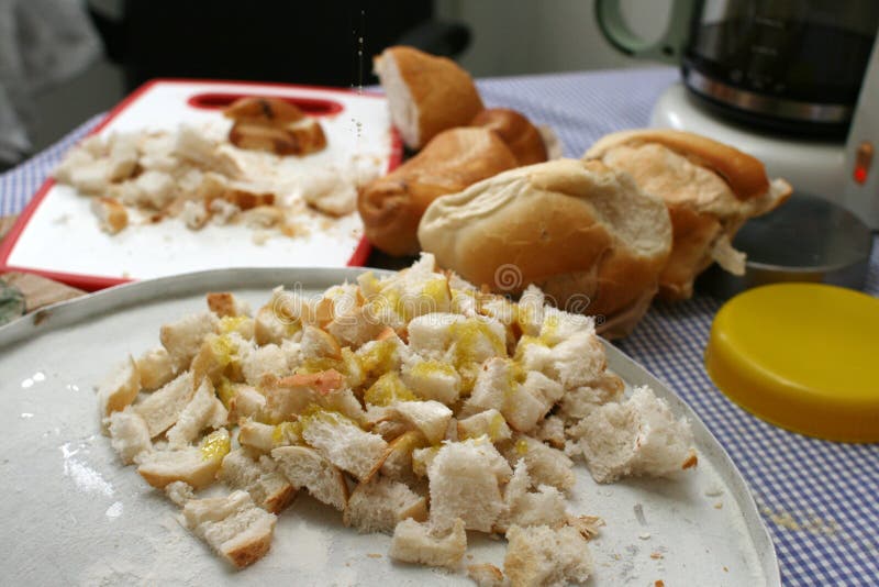 Chopped Bread Drizzled with Extra Virgin Olive Oil To Spice Up the Soup ...