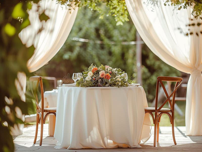 Table with White Tablecloth Decorated for Engaged Couples at the ...