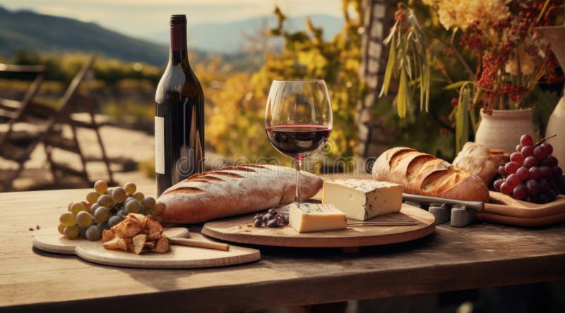 Table with Wine, Bread and Cheese Outside on the Table, Stock Photo ...