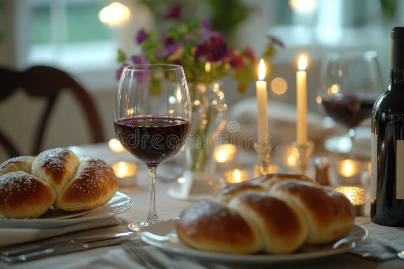 Table with a Wine Glass, Candles, and Bread Stock Image - Image of ...