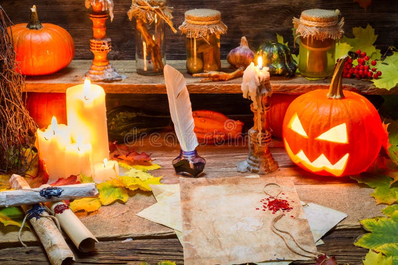 Table Witches Ready To Write the Scroll Stock Image - Image of maple ...