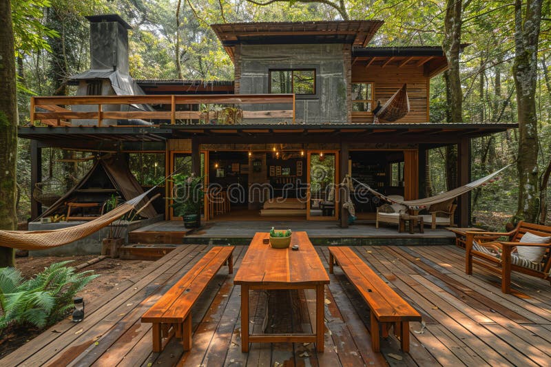 Table with Wooden Deck in the Woods in Front of Hut with Hammock Stock ...