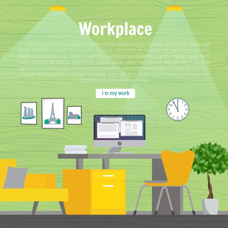 Table and Work on the Computer. Business, Office , Workplace Yellow ...