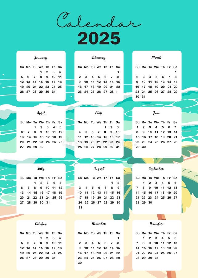 2025 Table Yearly Calendar Week Start on Sunday with Beach that Use for ...