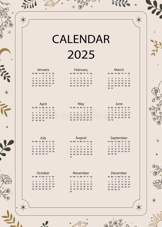 2025 Table Yearly Calendar Week Start on Sunday with Boho that Use for ...
