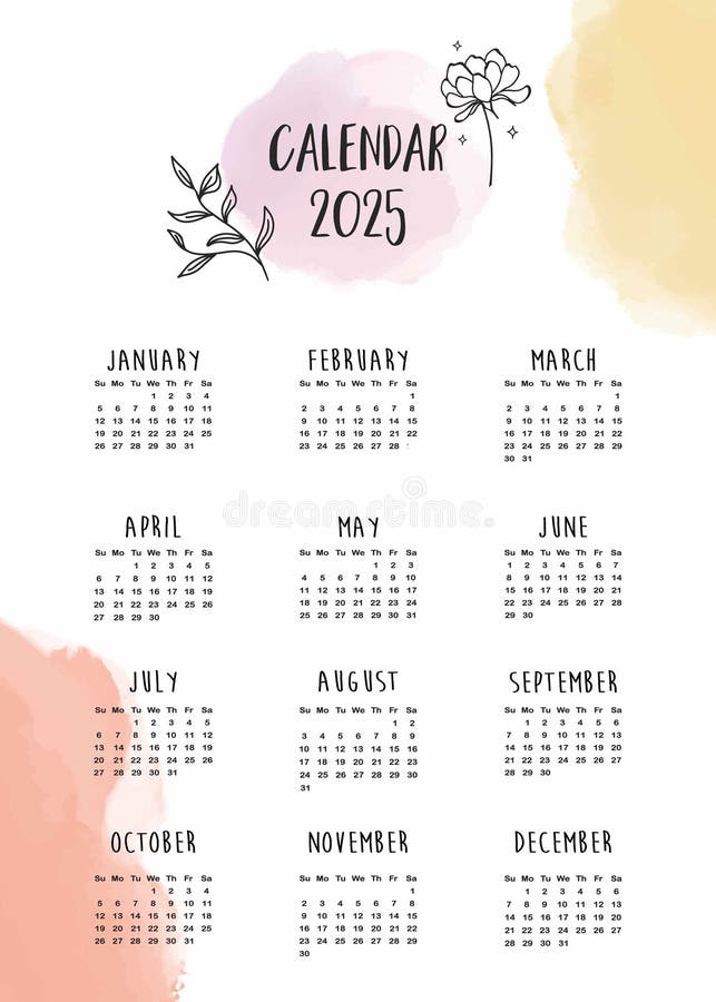 2025 Table Yearly Calendar Week Start on Sunday with Flower that Use ...