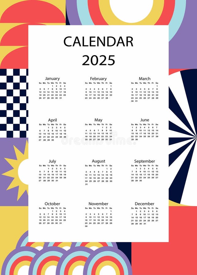 2025 Table Yearly Calendar Week Start on Sunday with Geometric that Use ...
