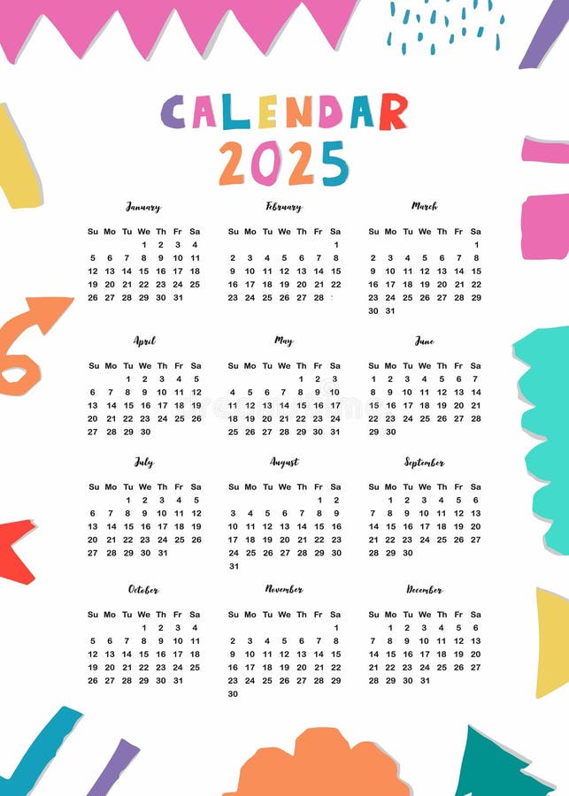 2025 Table Yearly Calendar Week Start on Sunday with Shape that Use for ...