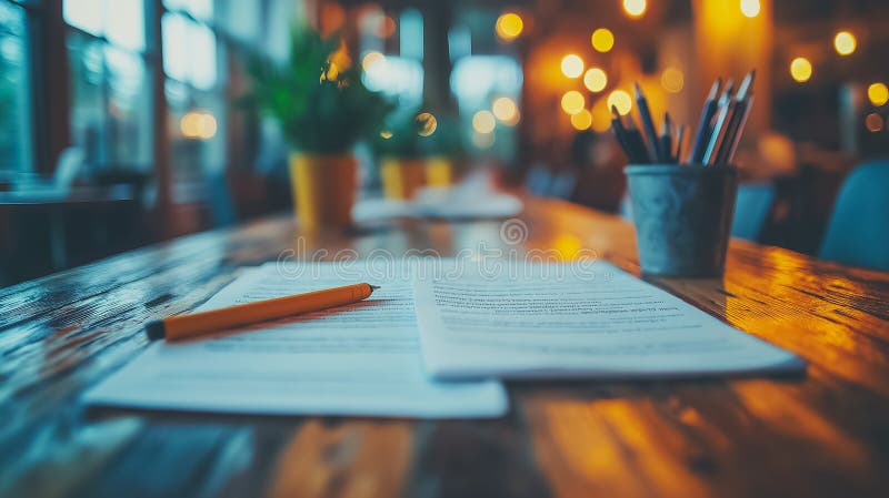 A Table with a Yellow Pencil and Two Sheets of Paper. the Pencil is on ...