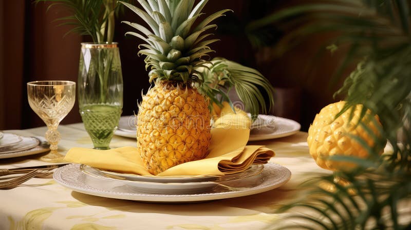 Table Yellow Pineapple Fruit Stock Illustration - Illustration of ...
