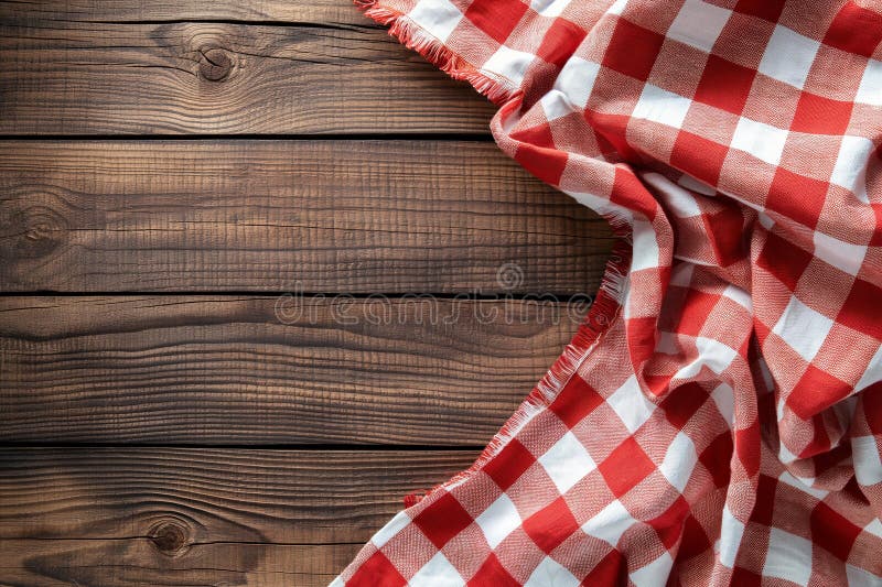 Red and White Checkered Tablecloth on a Dark Wood Table Background Copy ...