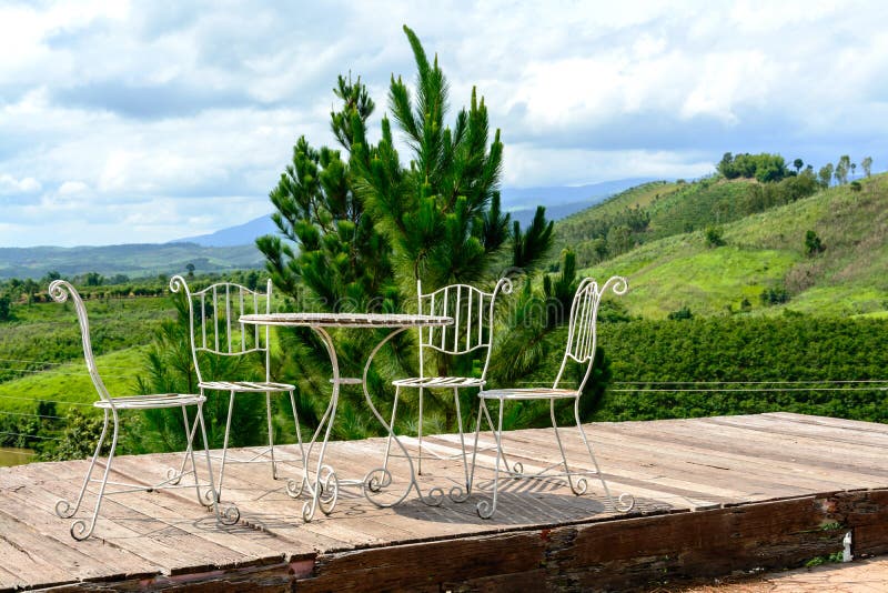 Tables and Chairs on Terrace Nice View Over the Mountain Stock Photo ...