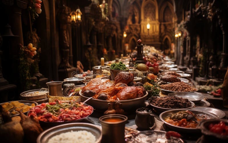 Tables Full of Food. Medieval Feast. Stock Illustration - Illustration ...