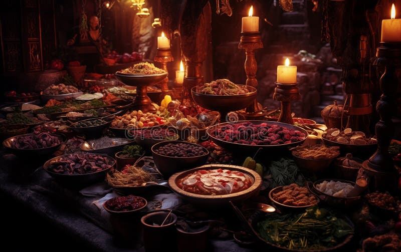 Tables Full of Food. Medieval Feast. Stock Illustration - Illustration ...