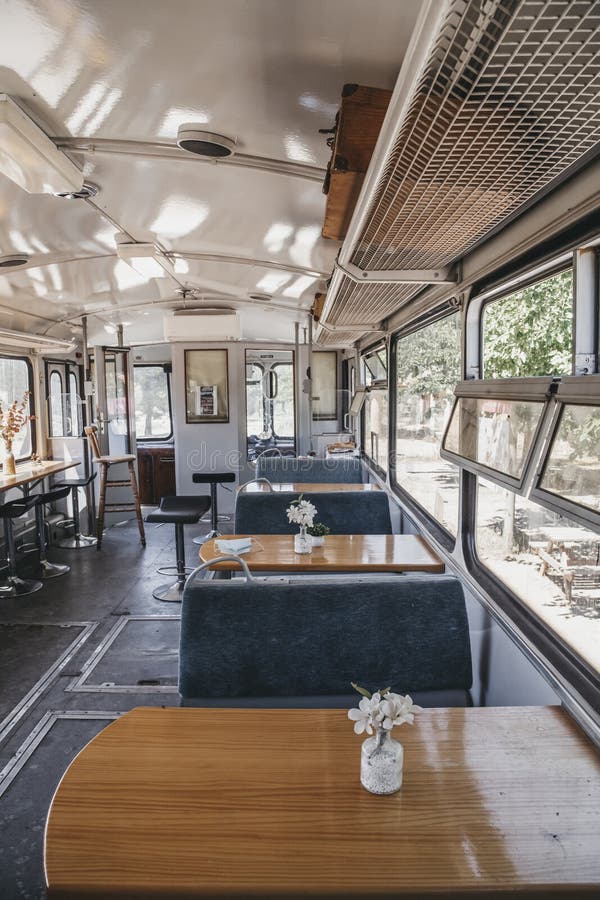 The Tables of an Old Train Transformed into a Restaurant Stock Image ...