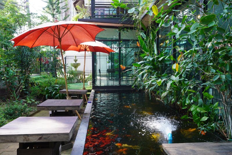 Tables in a Restaurant Next To the Pond. Stock Image - Image of cottage ...