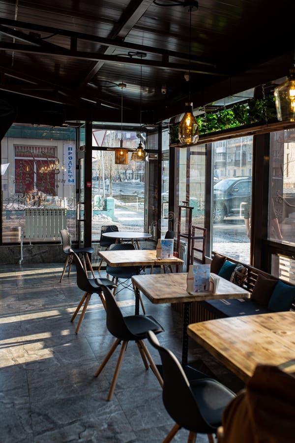 Tables in a Roadside Cafe with a Brick Interior Stock Photo - Image of ...