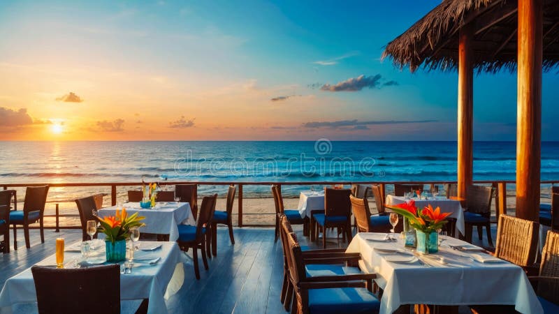 Tables Set for Dinner in a Restaurant on the Beach at Sunset Stock ...