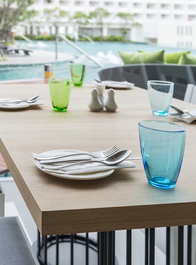 Tables set for meal stock image. Image of closeup, indoors - 55171643