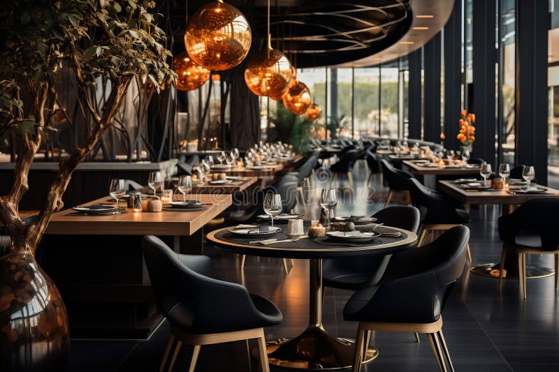 Tables Set in Upscale Restaurant with Modern Atmosphere. AI Stock ...