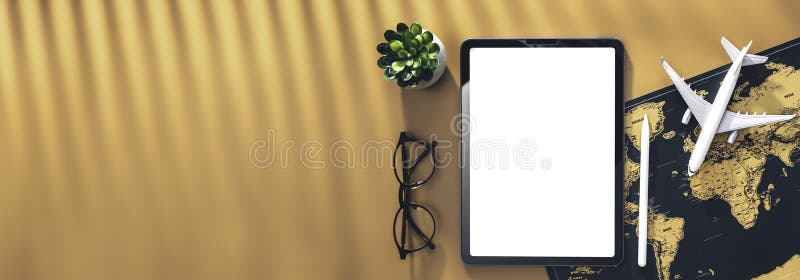 Tablet, Airplane Miniature and World Map, Flat Lay. Stock Image - Image ...