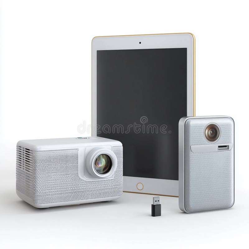 Tablet Alongside a Small Projector and a Portable Device in a Modern ...