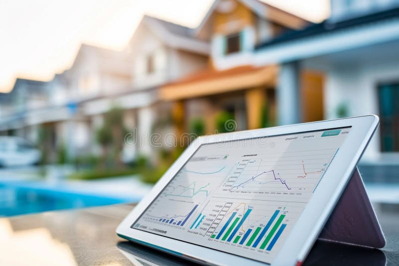 Tablet with Analytics Data in Front of a Pool and House Stock ...
