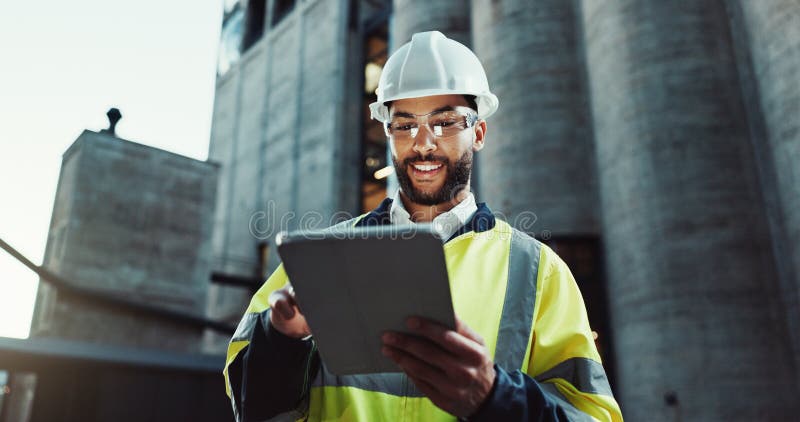 Tablet, Architect and Happy Man Outdoor for Construction, Low Angle or ...