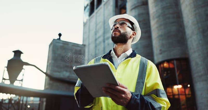 Tablet, Architect Planning and Man Outdoor for Construction, Thinking ...