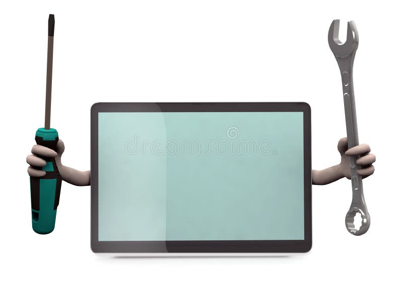 Tablet With Arms And Tools On Hand Stock Illustration - Illustration of ...