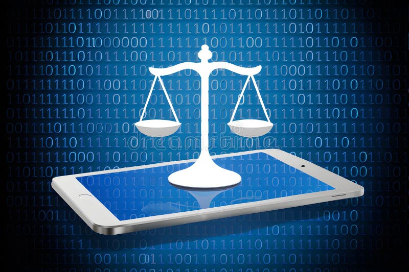 Tablet with Balance Scale Symbol, Binary Background in Deep Blue Stock ...