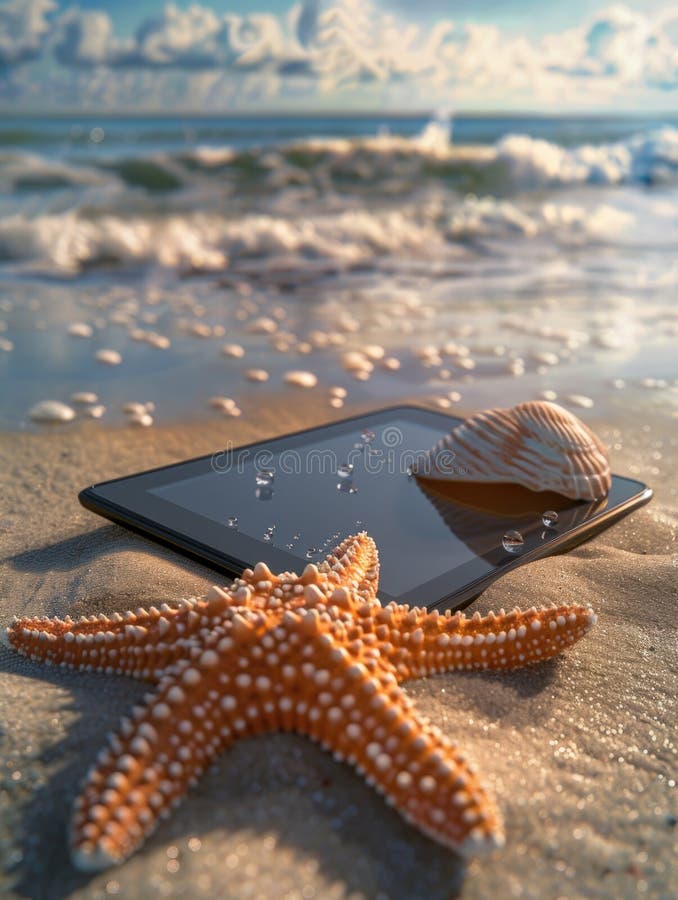 Tablet on the beach stock photo. Image of nature, beach - 371746324