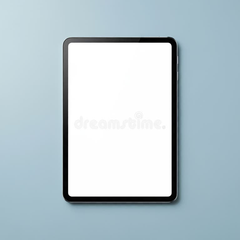 Tablet with Black Frame and Blank White Screen Placed on a Light Blue ...