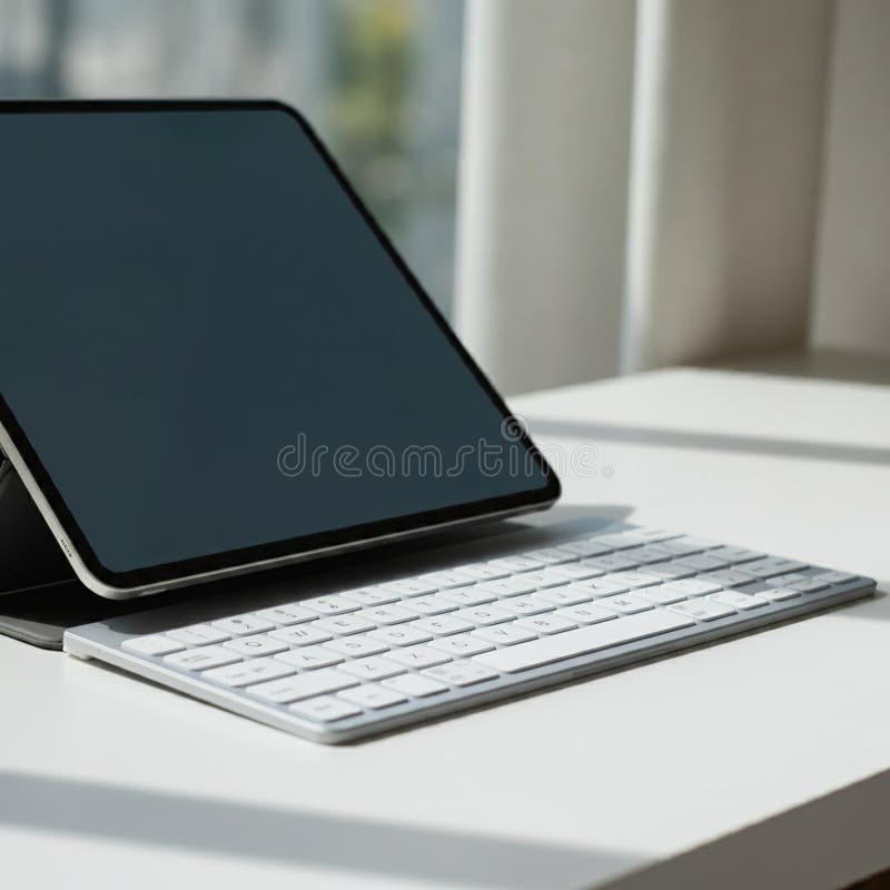 A Tablet with a Black Screen is Positioned on a White Desk, Propped Up ...