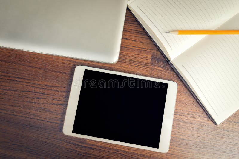 Tablet Black Screen on Wood Desk Stock Photo - Image of tablet, touch ...