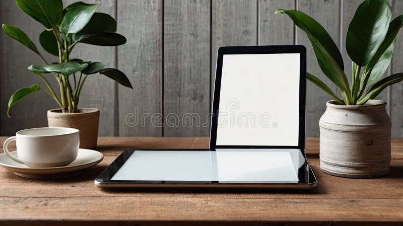 A Tablet with a Blank Screen Resting on a Wooden Table Stock Image ...