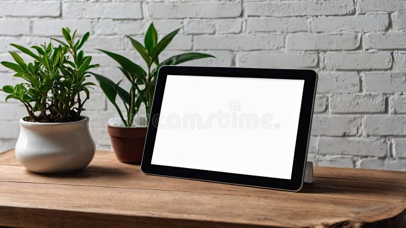 A Tablet with a Blank Screen Resting on a Wooden Table Stock Image ...
