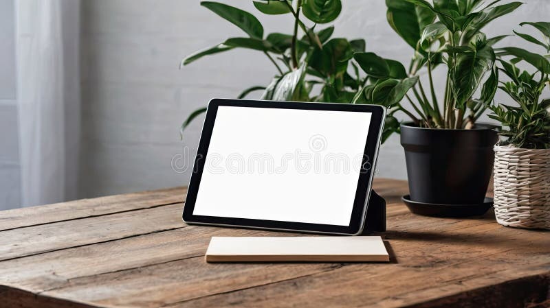 A Tablet with a Blank Screen Resting on a Wooden Table Stock Image ...