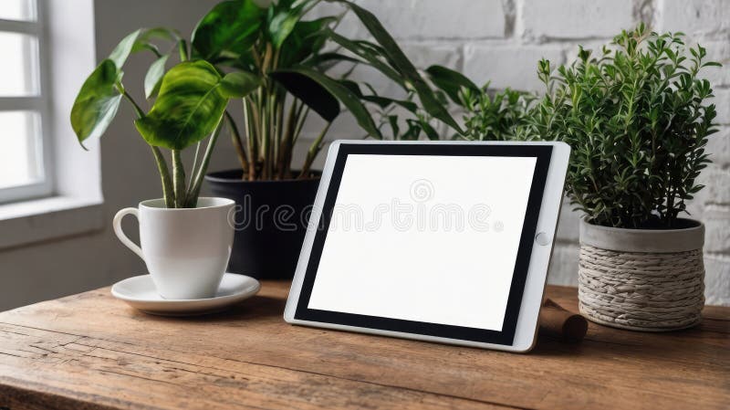 A Tablet with a Blank Screen Resting on a Wooden Table Stock Image ...