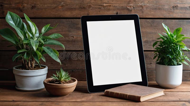 A Tablet with a Blank Screen Resting on a Wooden Table Stock ...