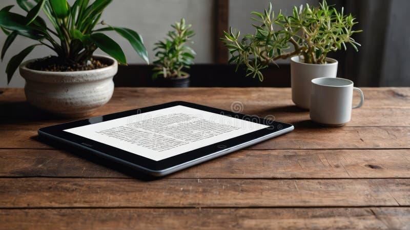 A Tablet with a Blank Screen Resting on a Wooden Table Stock ...