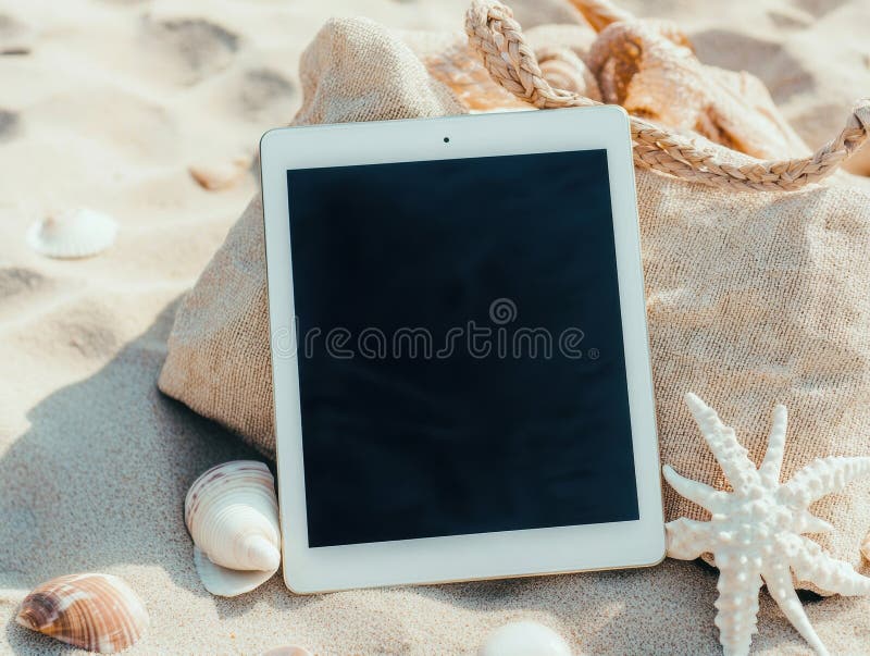 Tablet with Blank Screen on Sandy Beach for Summer Holiday Concepts ...