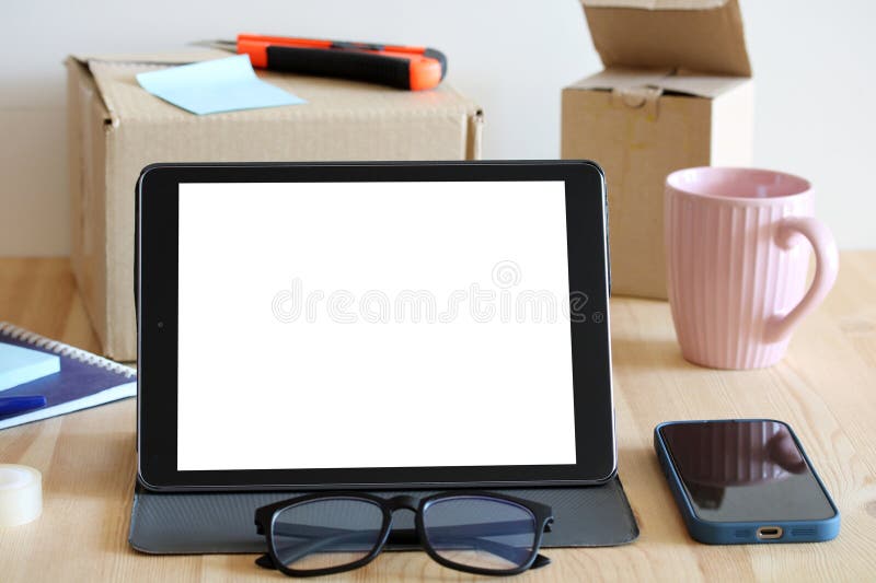 Tablet Blank Screen Showing E Commerce Business Workspace Mockup Stock ...