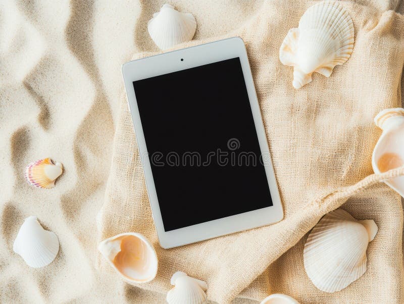 Tablet with Blank Screen Surrounded by Seashells on Sandy Beach for ...