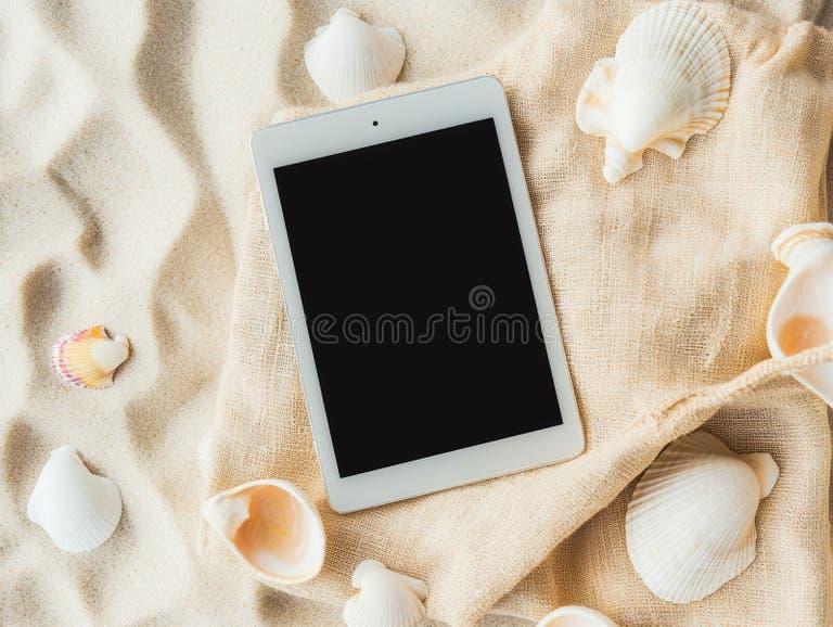 Tablet with Blank Screen Surrounded by Seashells on Sandy Beach for ...