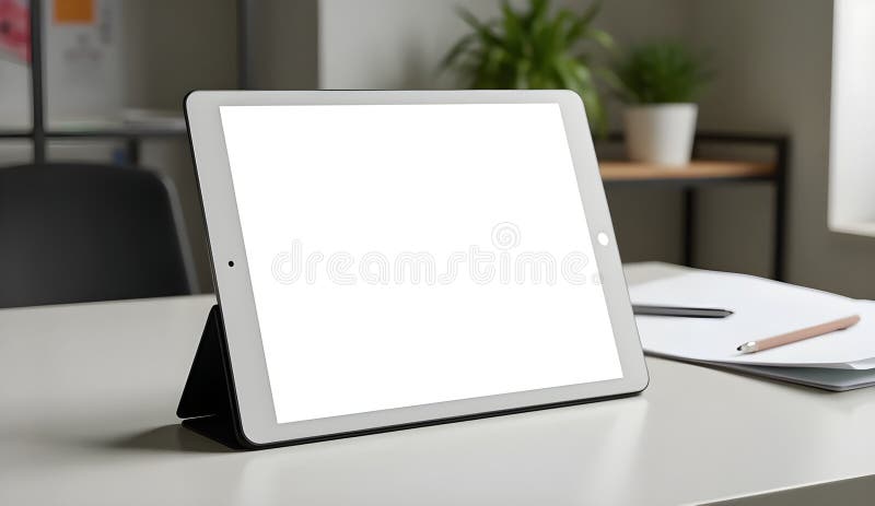 Tablet with Blank White Screen on a Desk Surrounded by Soft Blurred ...